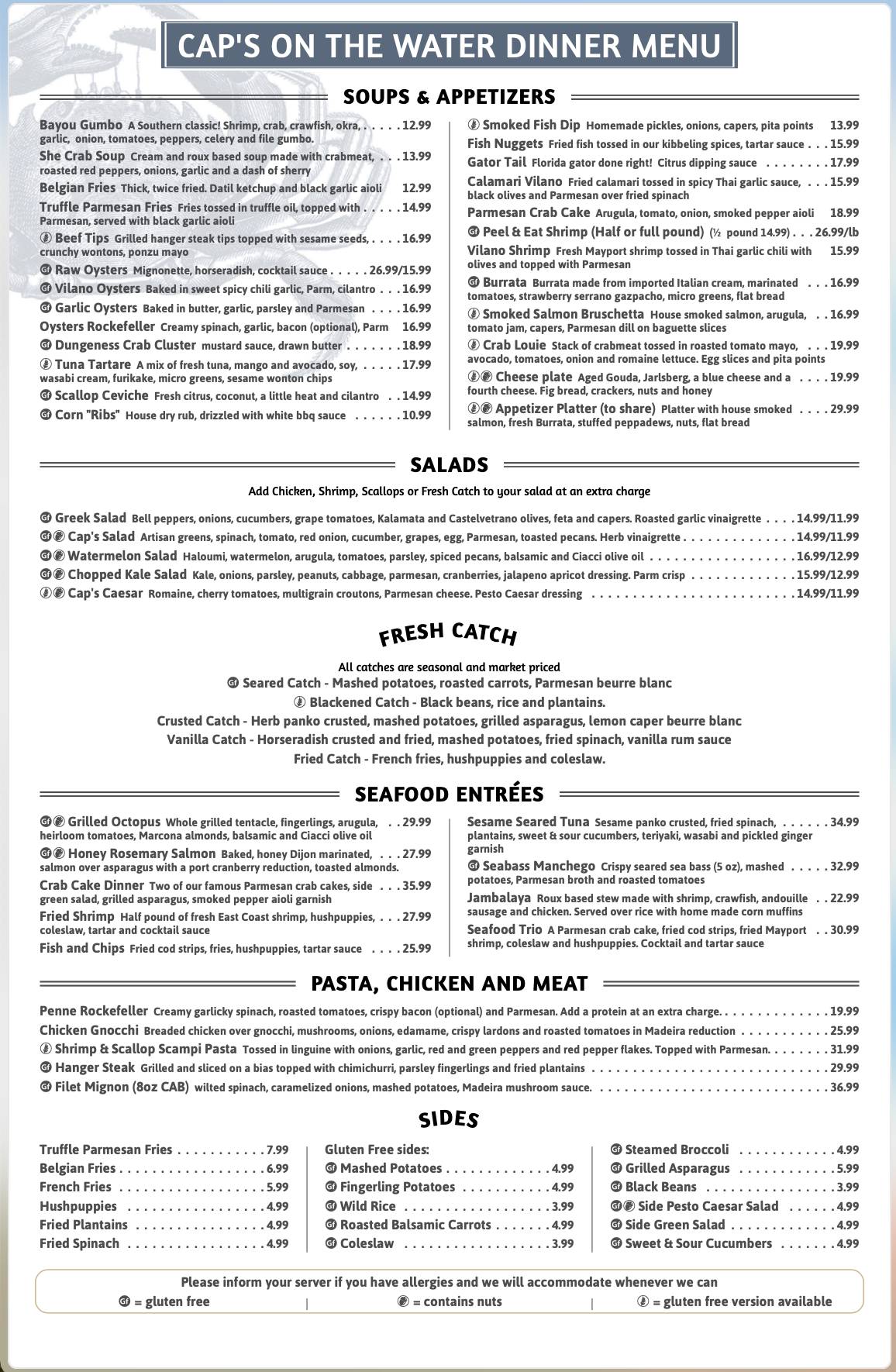 Menu at Cap's On the Water restaurant, Vilano Beach, Myrtle St