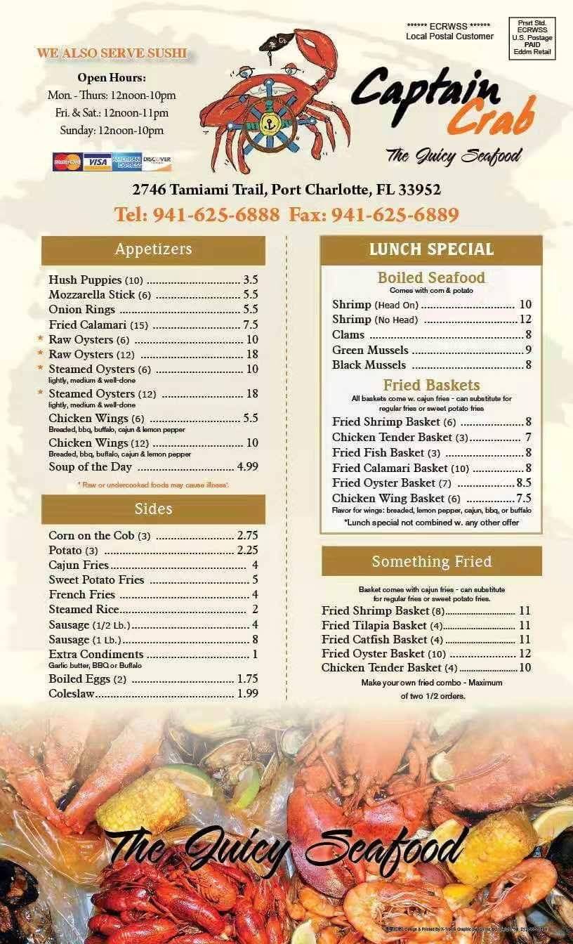 Menu at Captain Crab Seafood restaurant, Port Charlotte