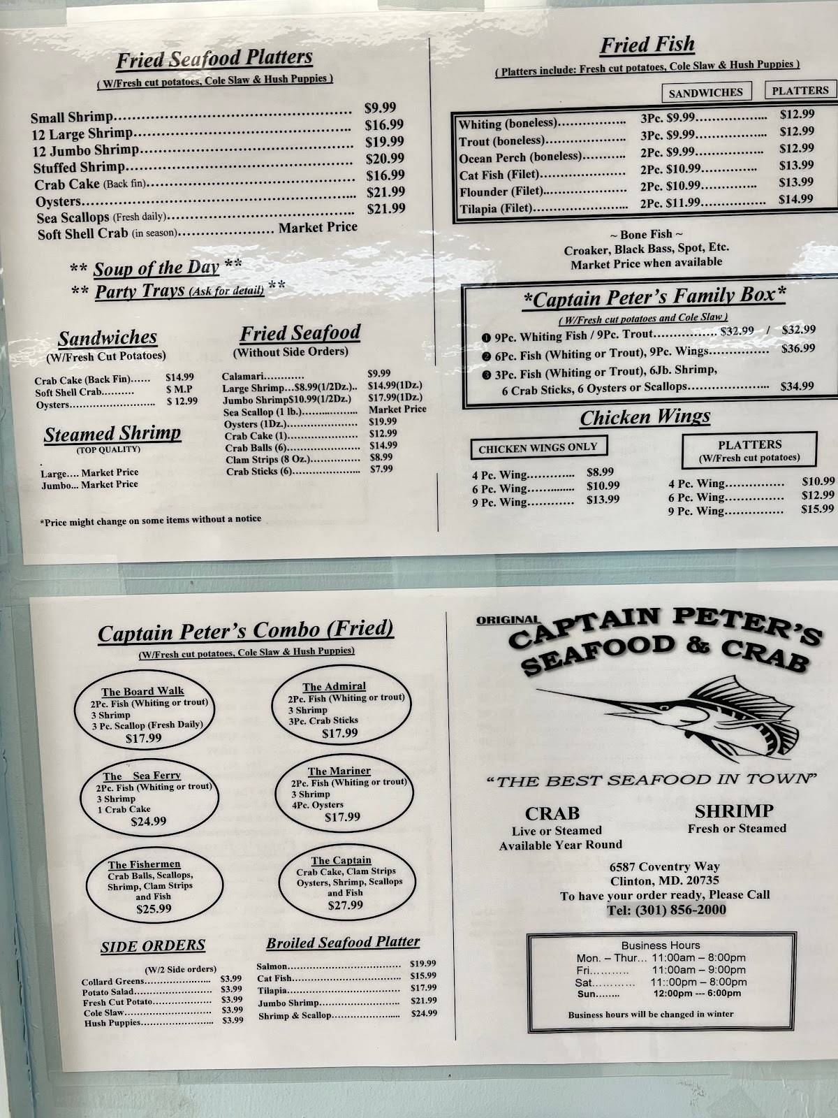 Menu at Captain Peter's Seafood restaurant, Clinton