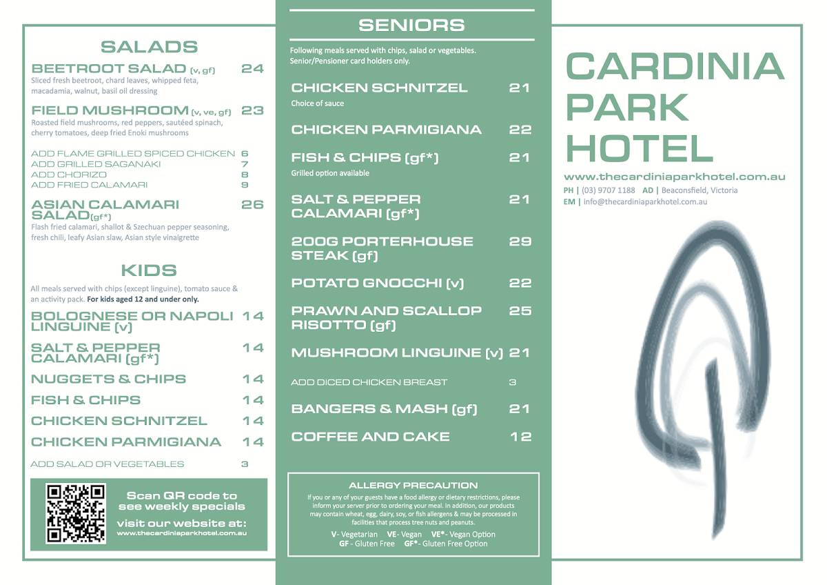 Menu at Cardinia Park Hotel restaurant, Beaconsfield