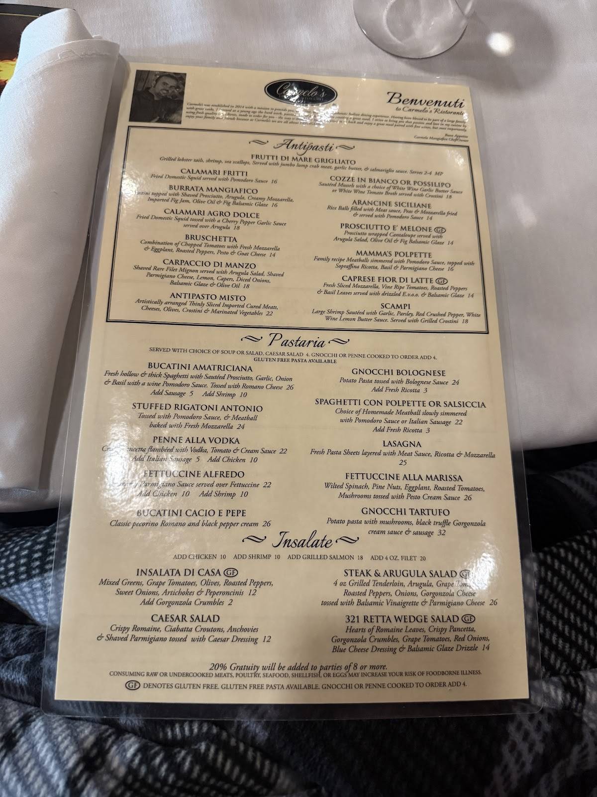 Menu at Carmelo's Italian Ristorante restaurant, Punta Gorda, 321 W ...