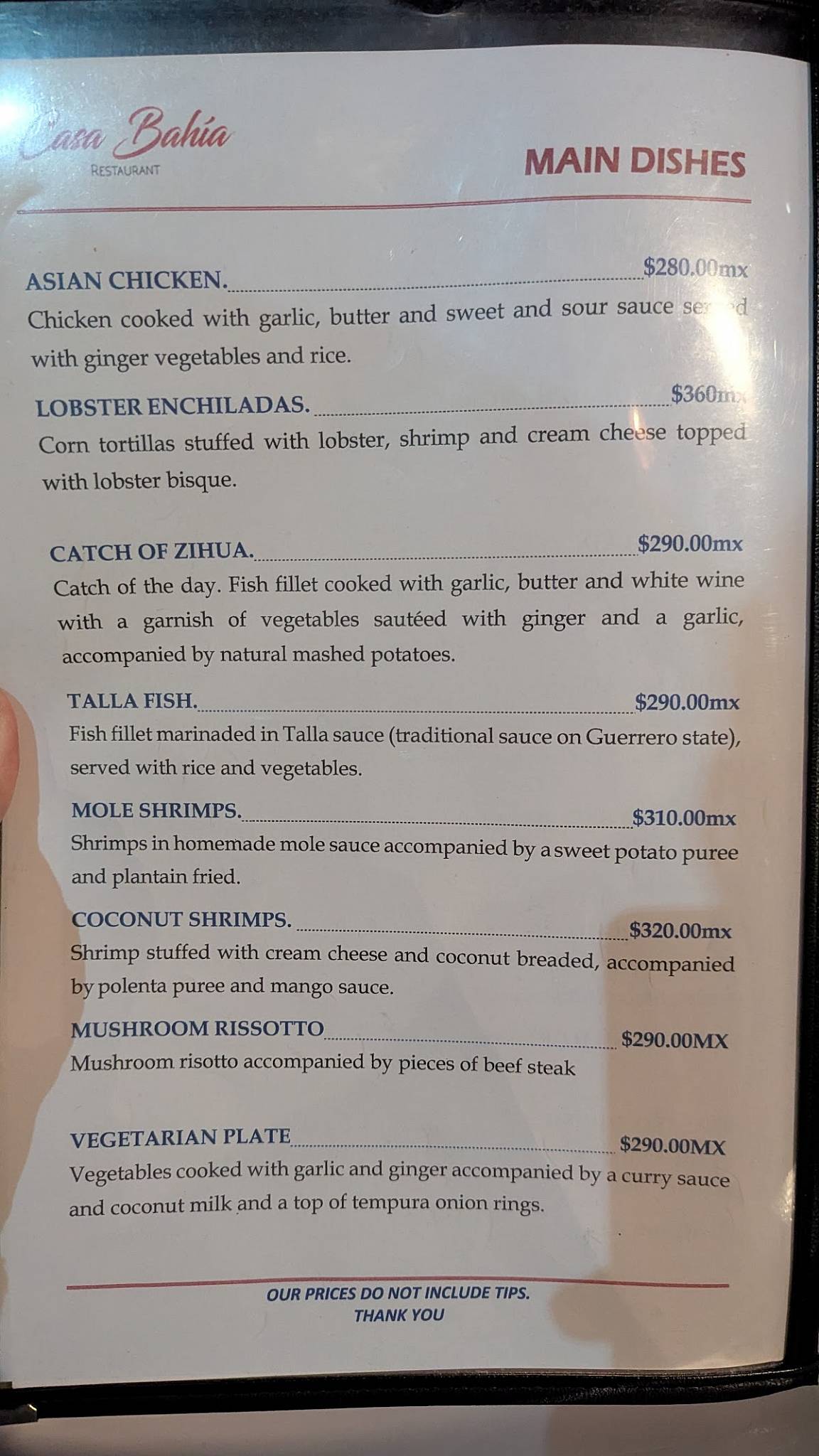 Menu at Casa Bahia restaurant, Zihuatanejo