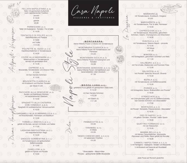 Menu at Casa Napoli restaurant, Salzburg