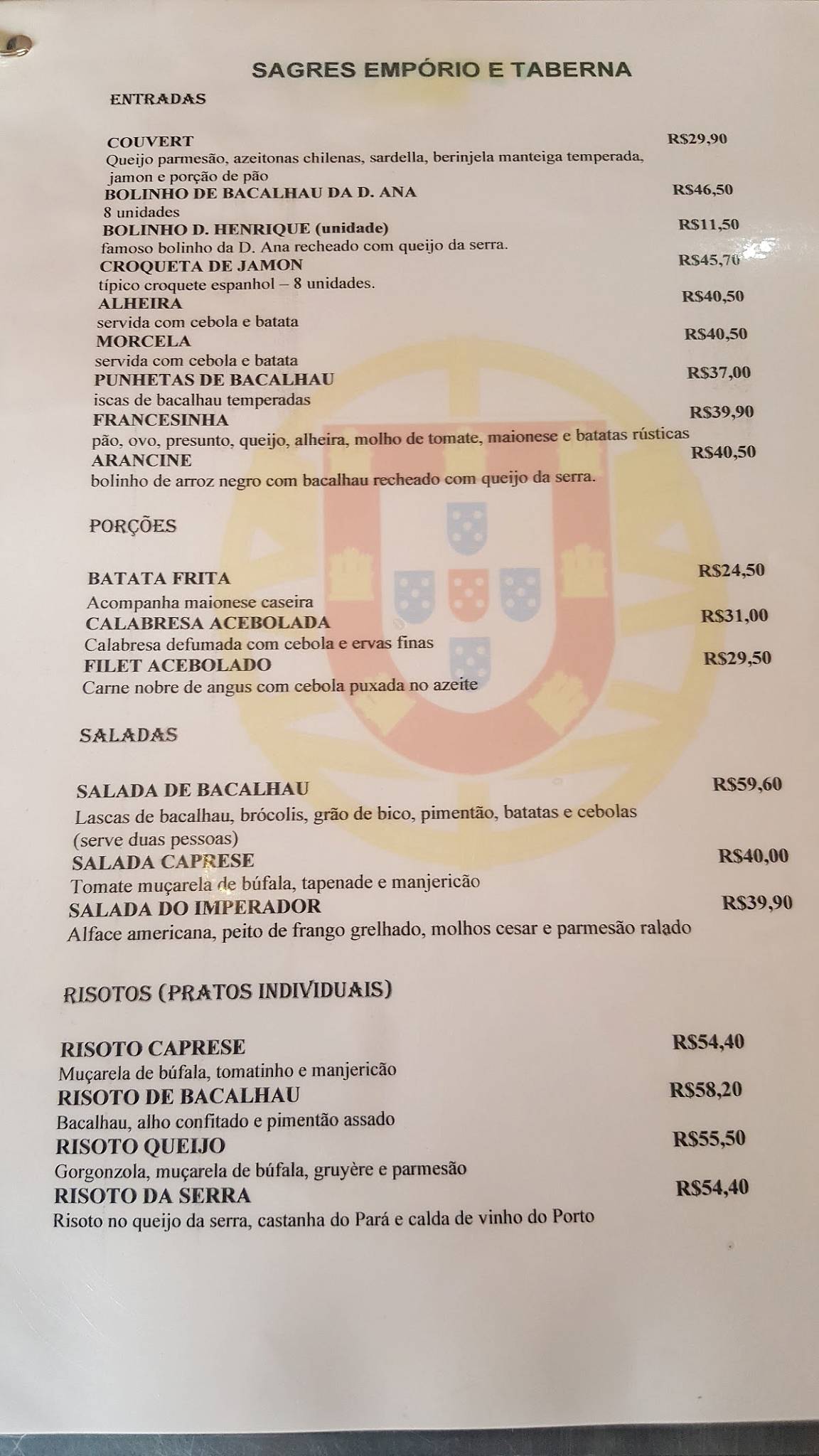 Menu at Casa Sagres restaurant, São Paulo