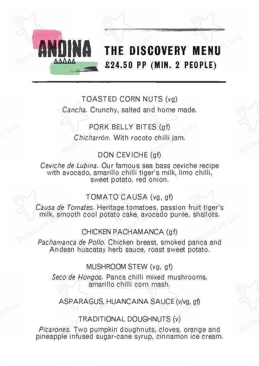 Menu at Casita Andina restaurant, London