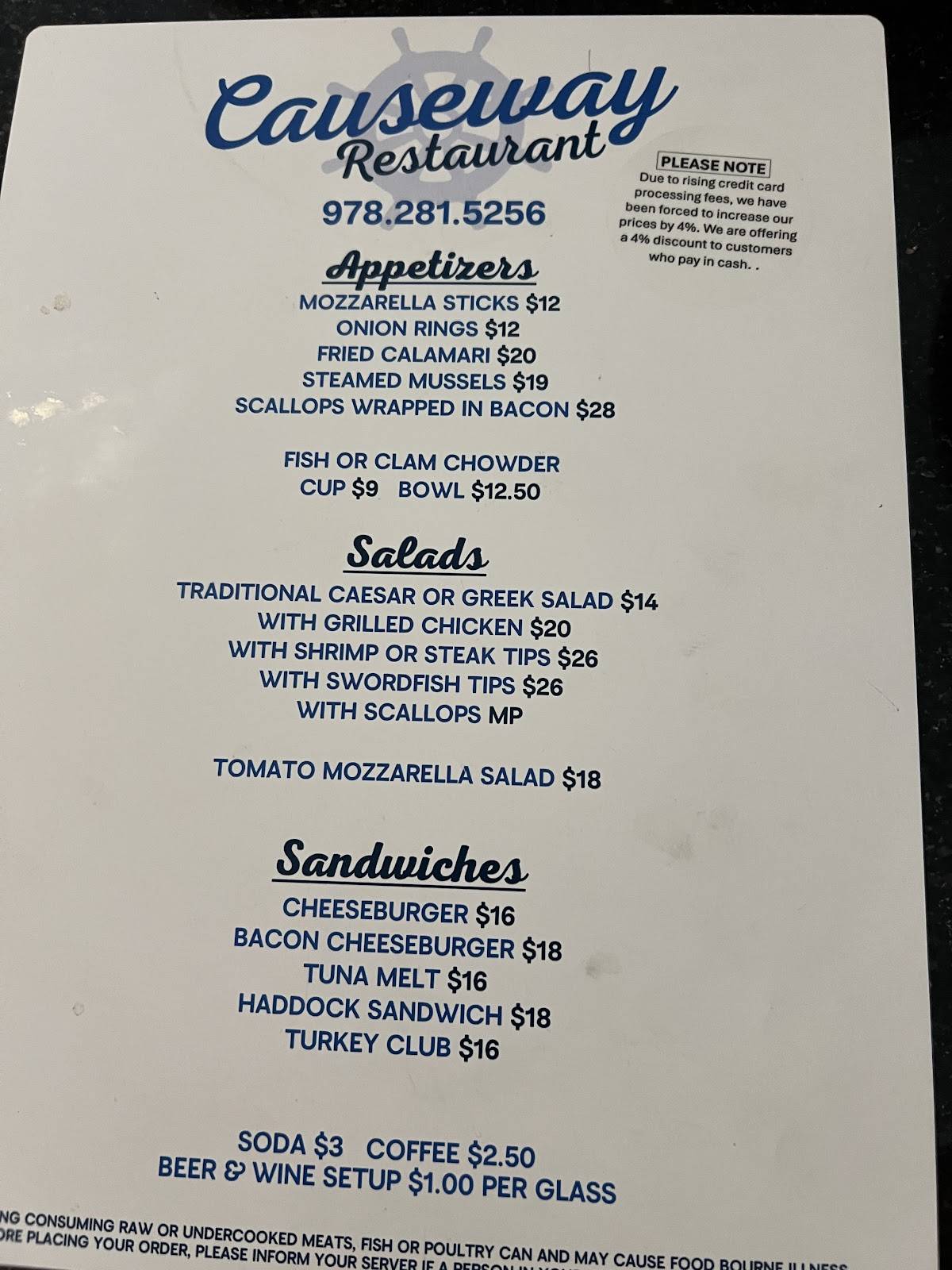 Menu at Causeway Restaurant, Gloucester, 78 Essex Ave
