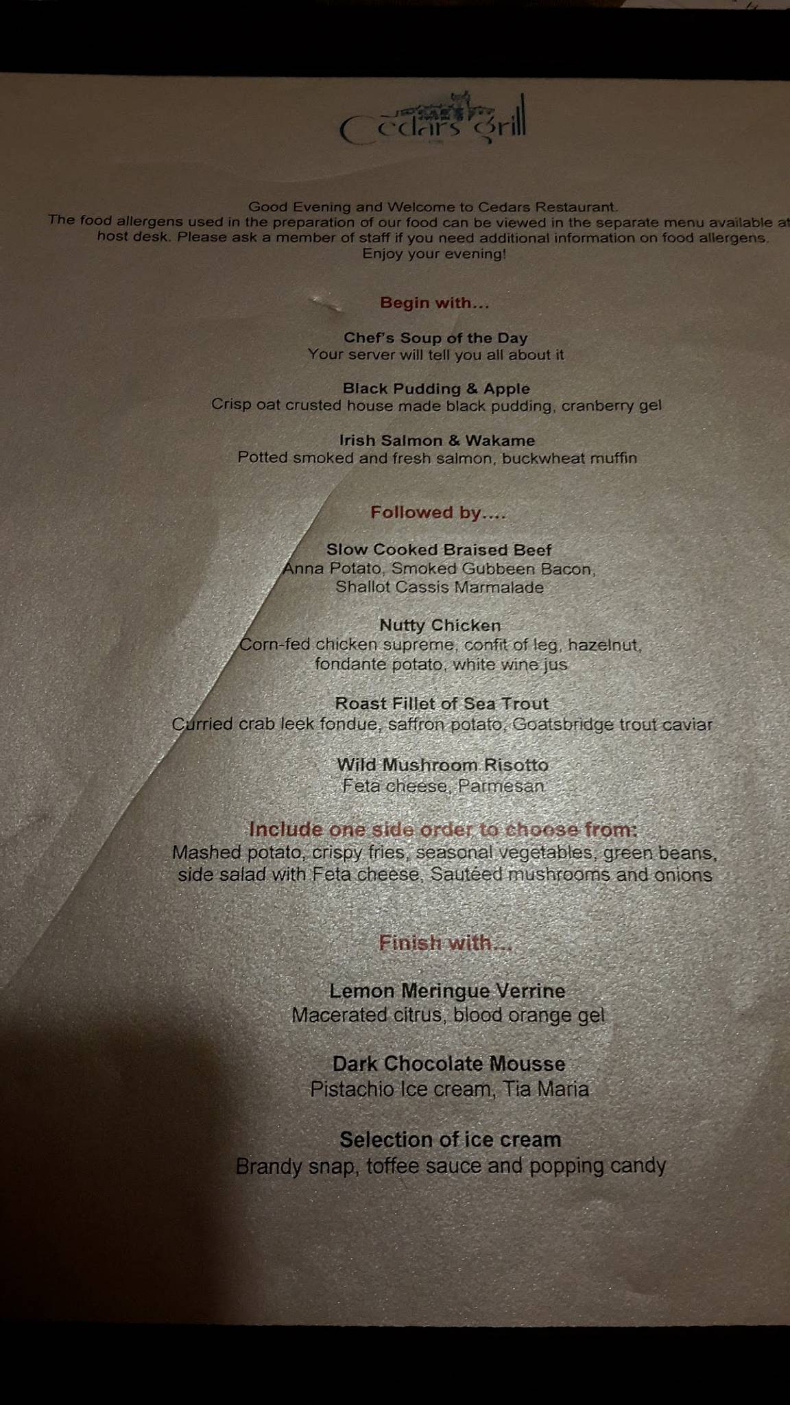 Menu at Cedars Restaurant, Lough Eske