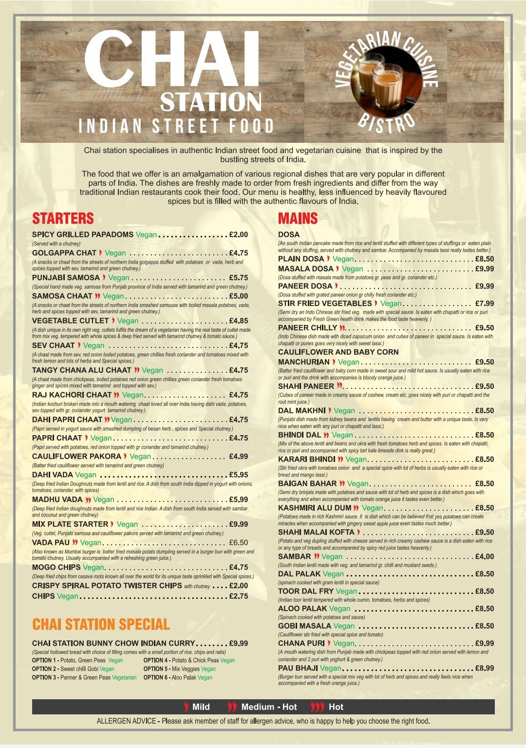 Menu at Chai Station - Vegetarian vegan Indian restaurant, Chester