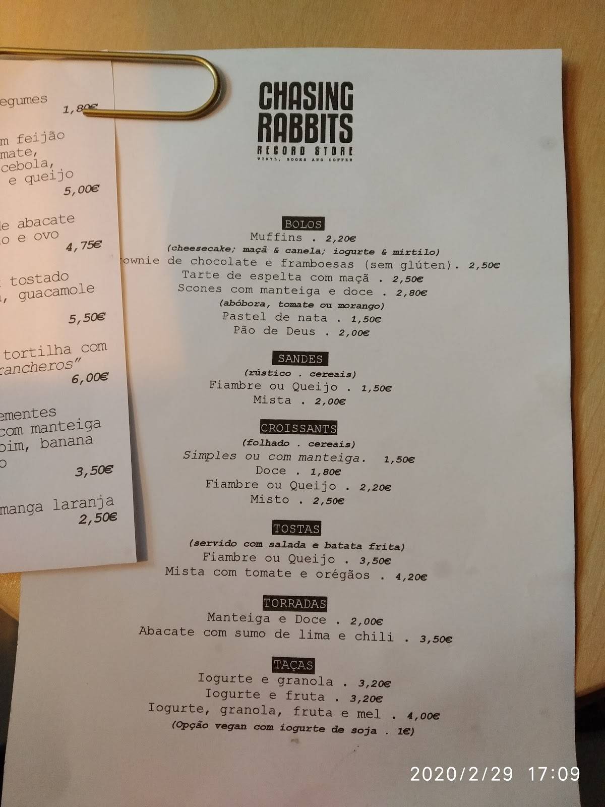 Menu at Chasing Rabbits - Record Store restaurant, Lisbon