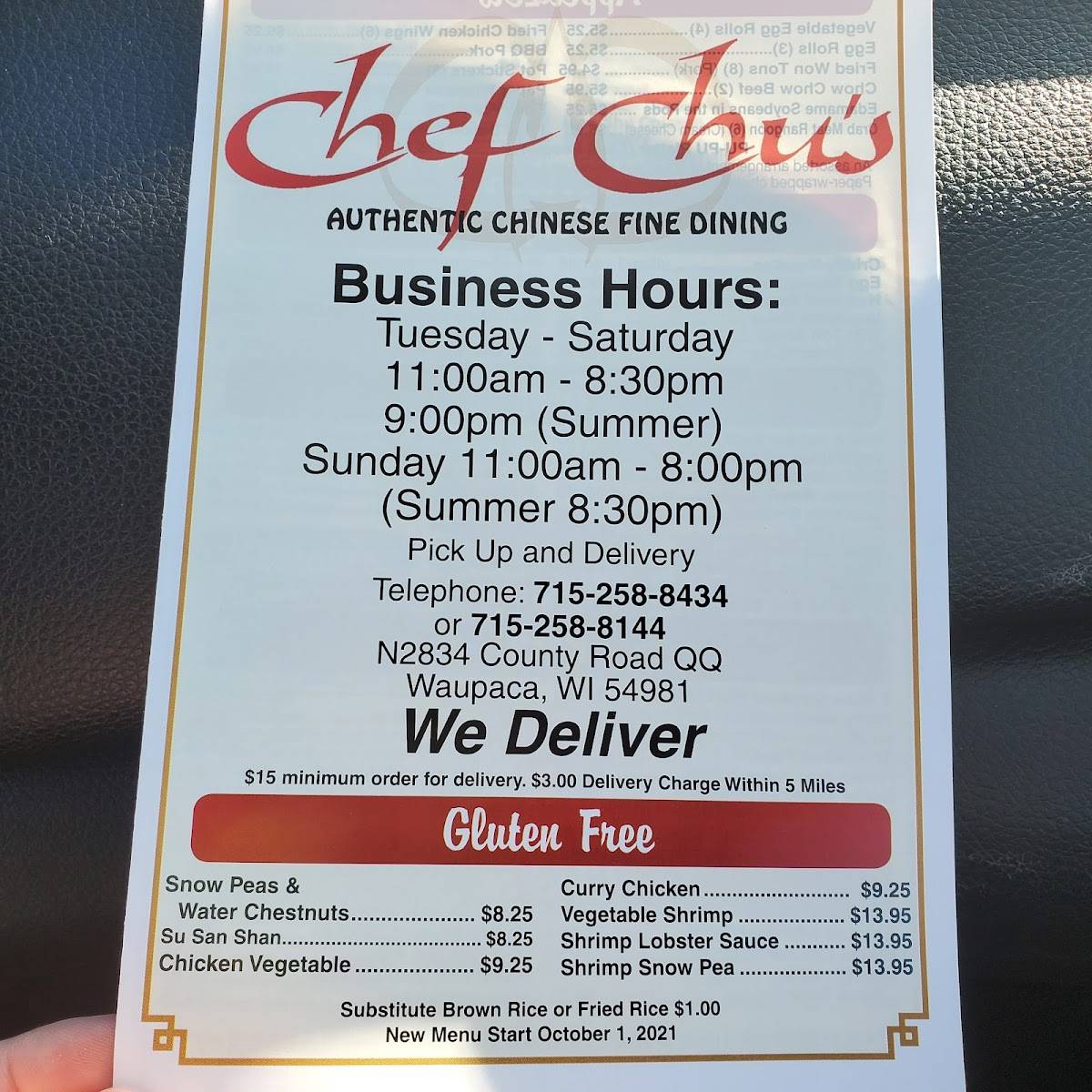 Menu at Chef Chu's Chinese Cuisine restaurant, Waupaca