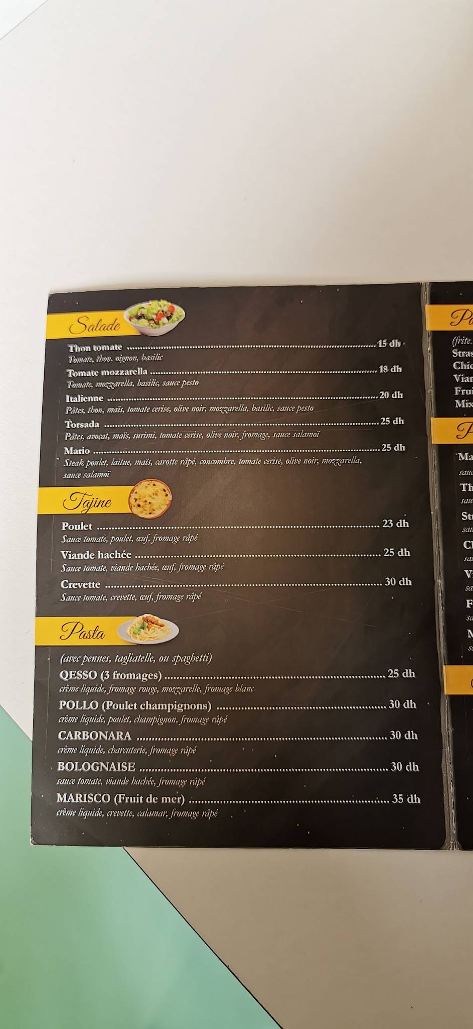Carta del restaurante Chez Mario, Temara