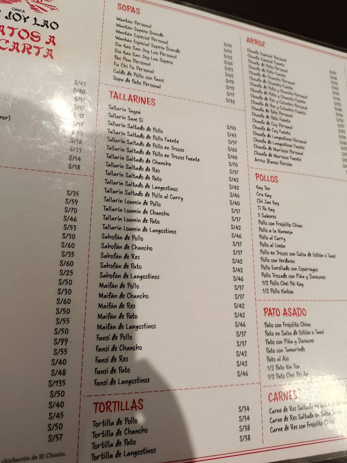 Carta del restaurante Chifa San Joy Lao, Lima, Jr. Ucayali 779