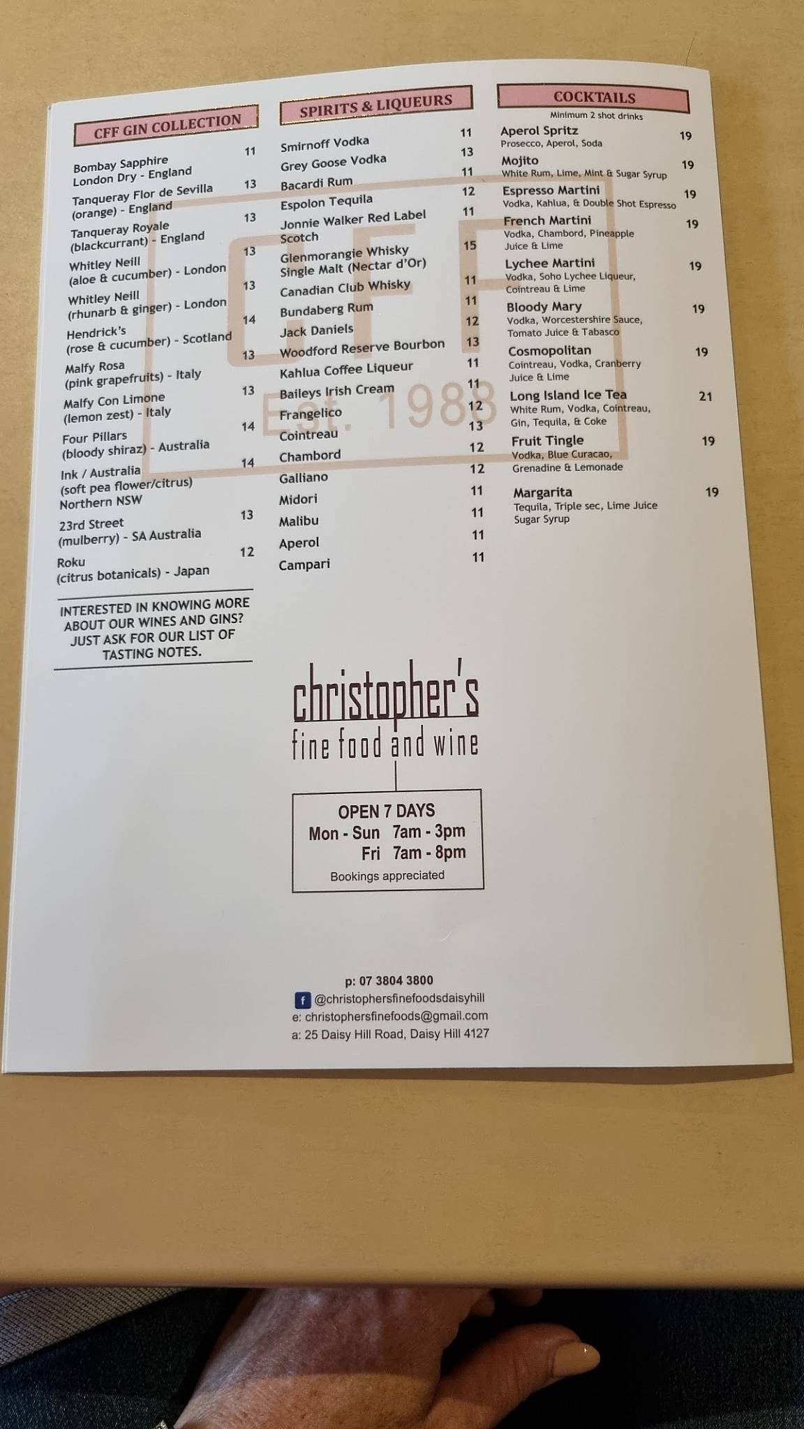 Menu at Christophers Fine Foods restaurant, Daisy Hill