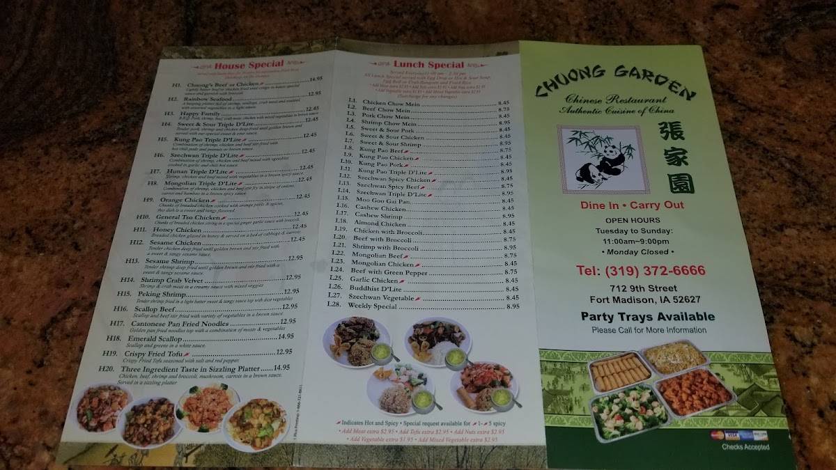 Menu at Chuong Garden restaurant, Fort Madison