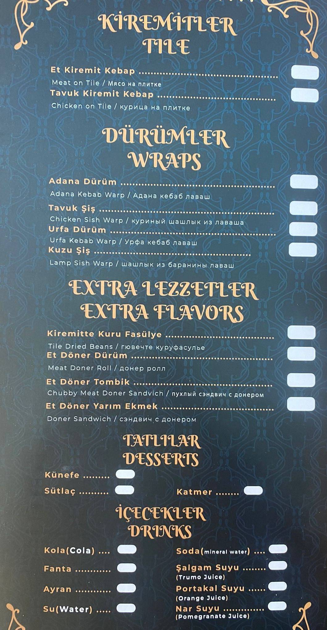 Menu at Çınaraltı Lokanta Kapalı Çarşı, Istanbul