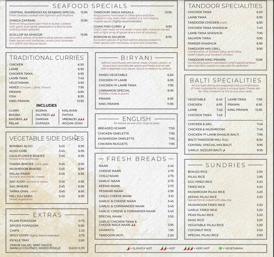 Menu at Cinnamon Central restaurant, Coalville