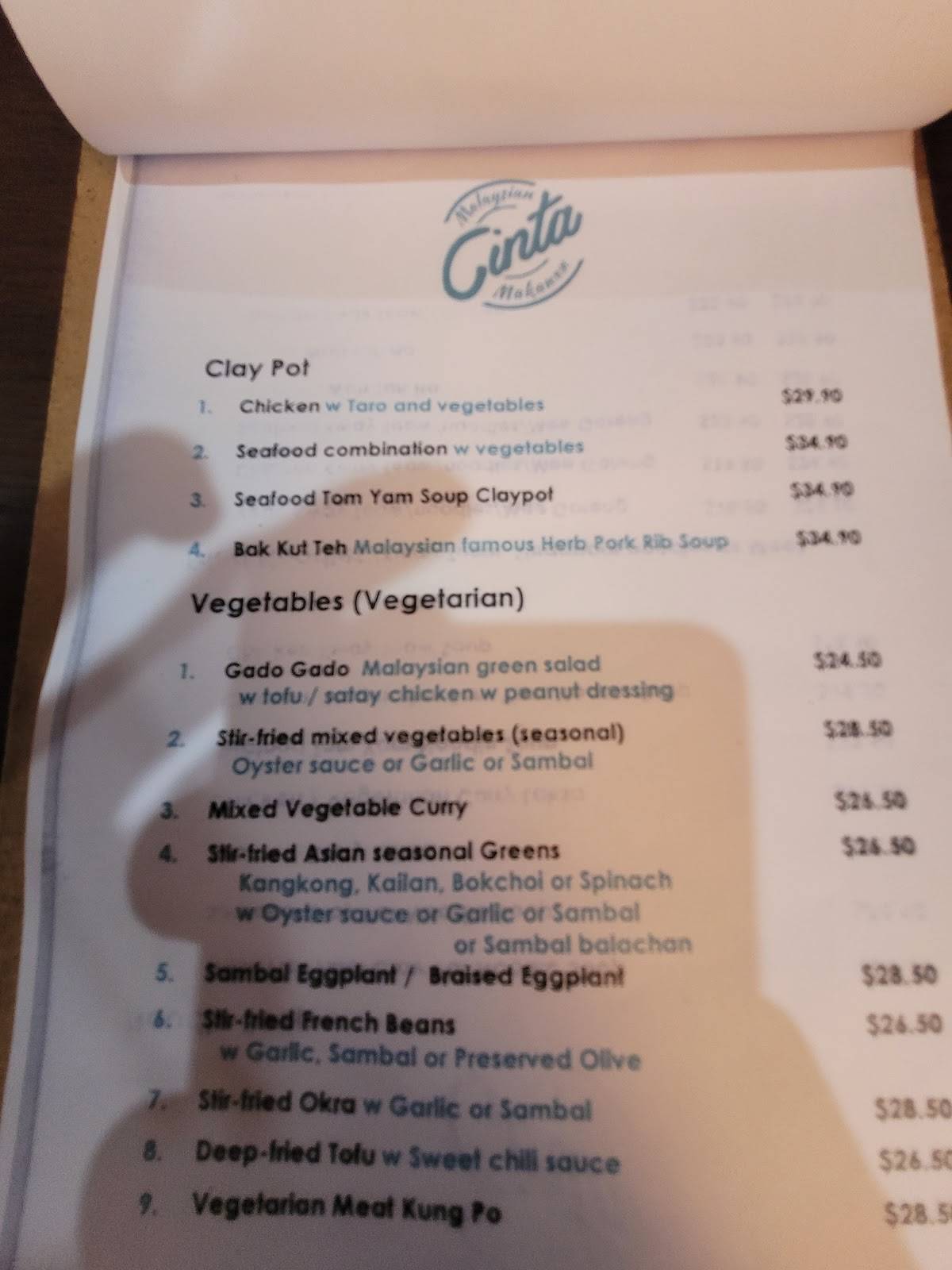 Menu at Cinta Malaysian Restaurant Albany, Auckland