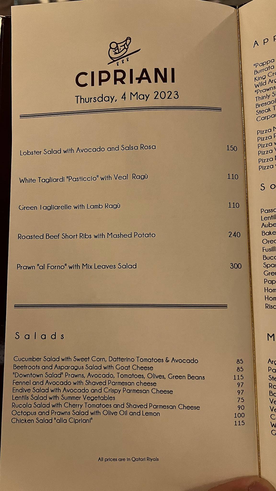 Menu at Cipriani Doha restaurant, Doha, North Beach Development