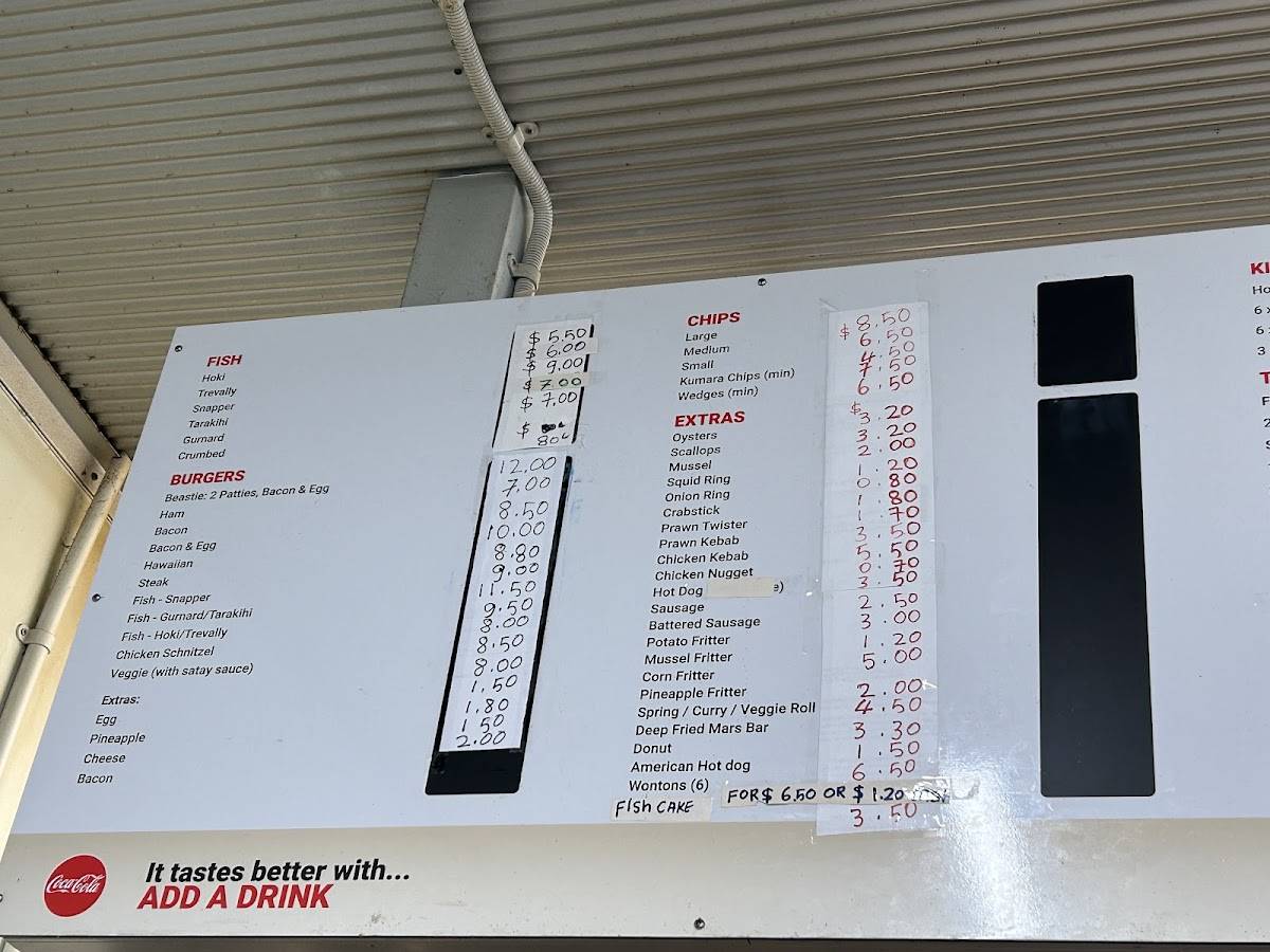 Menu at Clevedon Seafoods Takeaway & Bakery, New Zealand