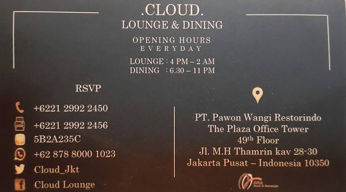 Menu at Cloud Lounge Jakarta (Rooftop) restaurant, Central Jakarta