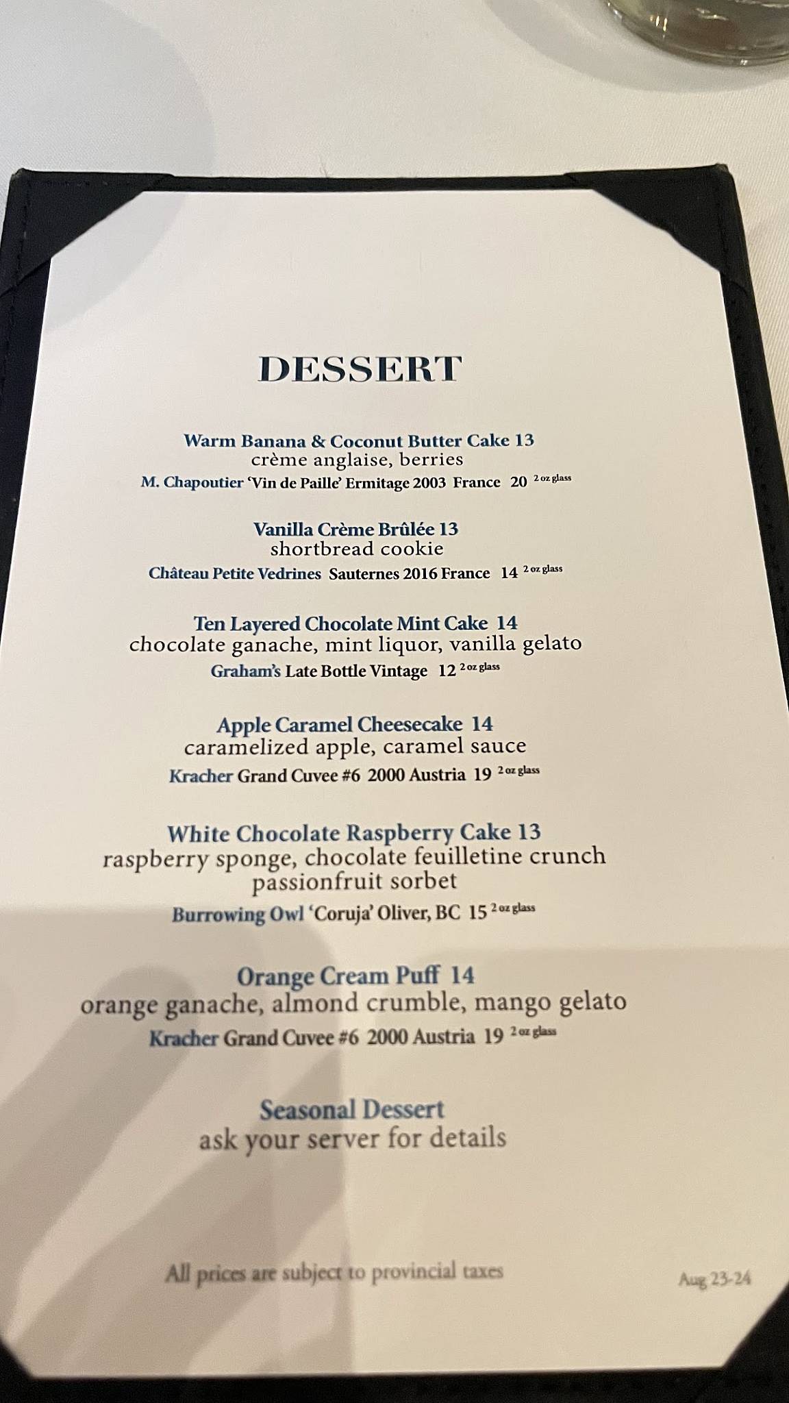 Menu at Coast restaurant, Vancouver