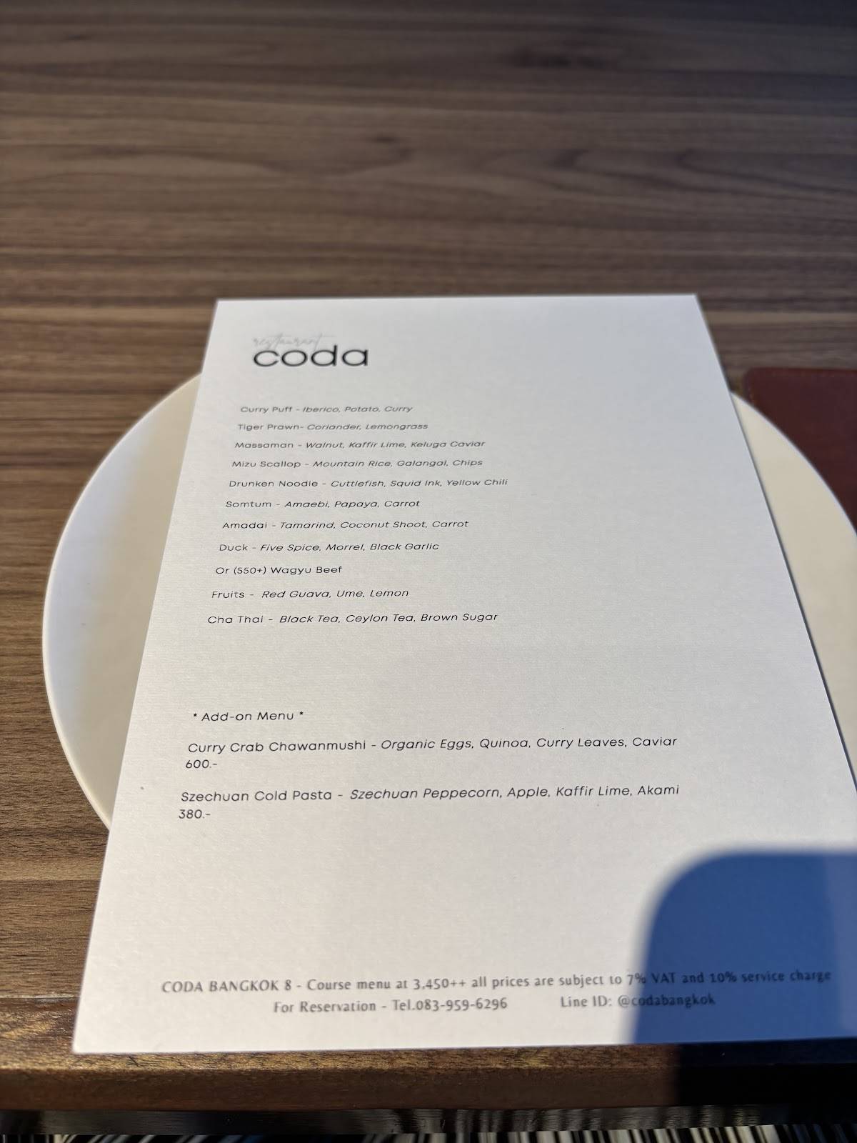 Menu at Restaurant Coda Bangkok, Bangkok