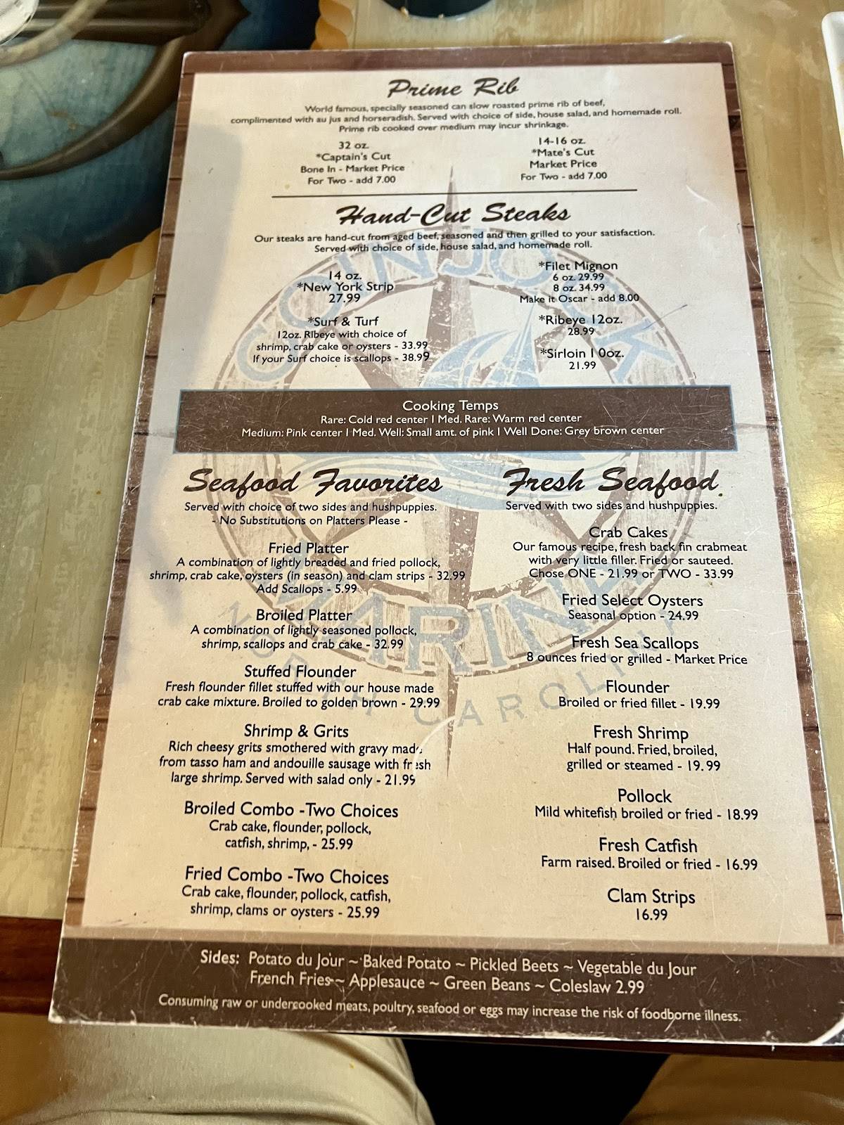 Menu at Coinjock Marina Restaurant, Coinjock