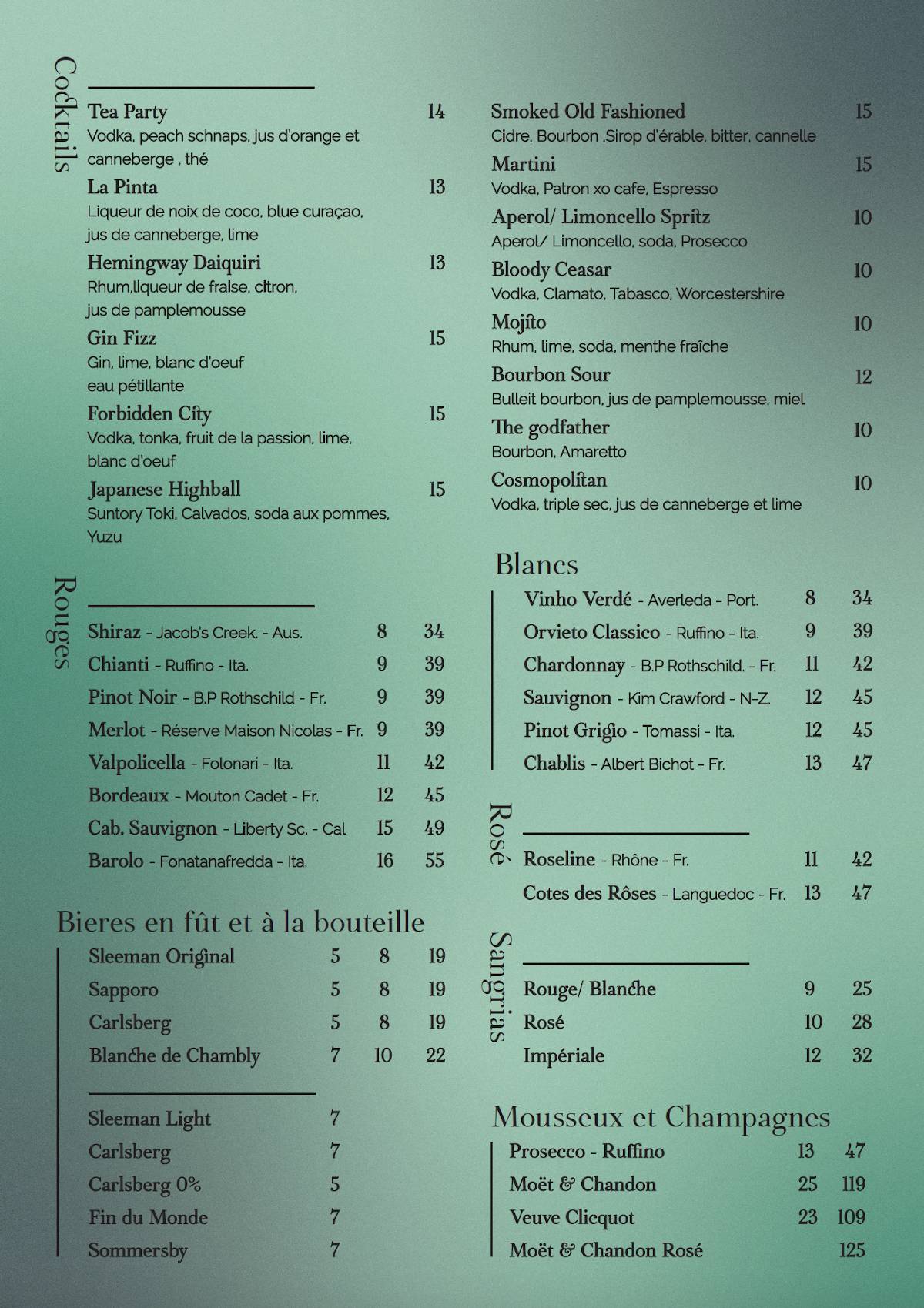Menu au Comptoir 400 (Mile End) restaurant, Montréal