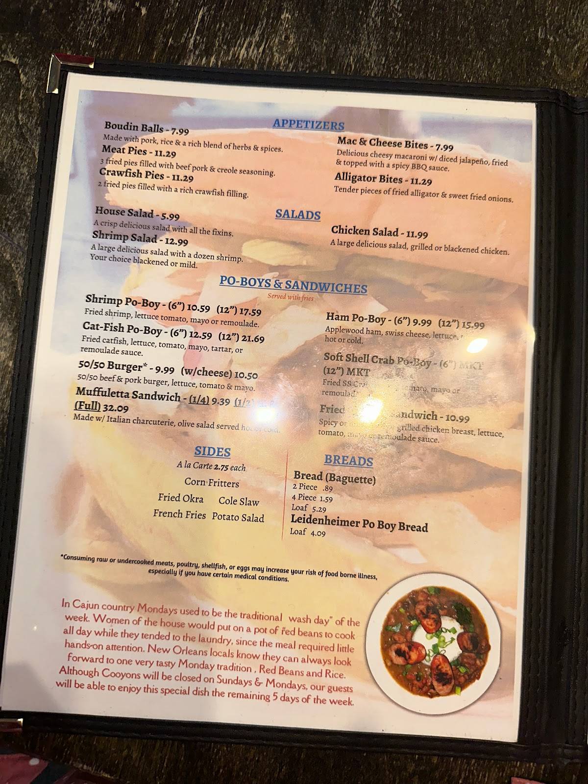 Menu at Cooyons restaurant, Mountain Home