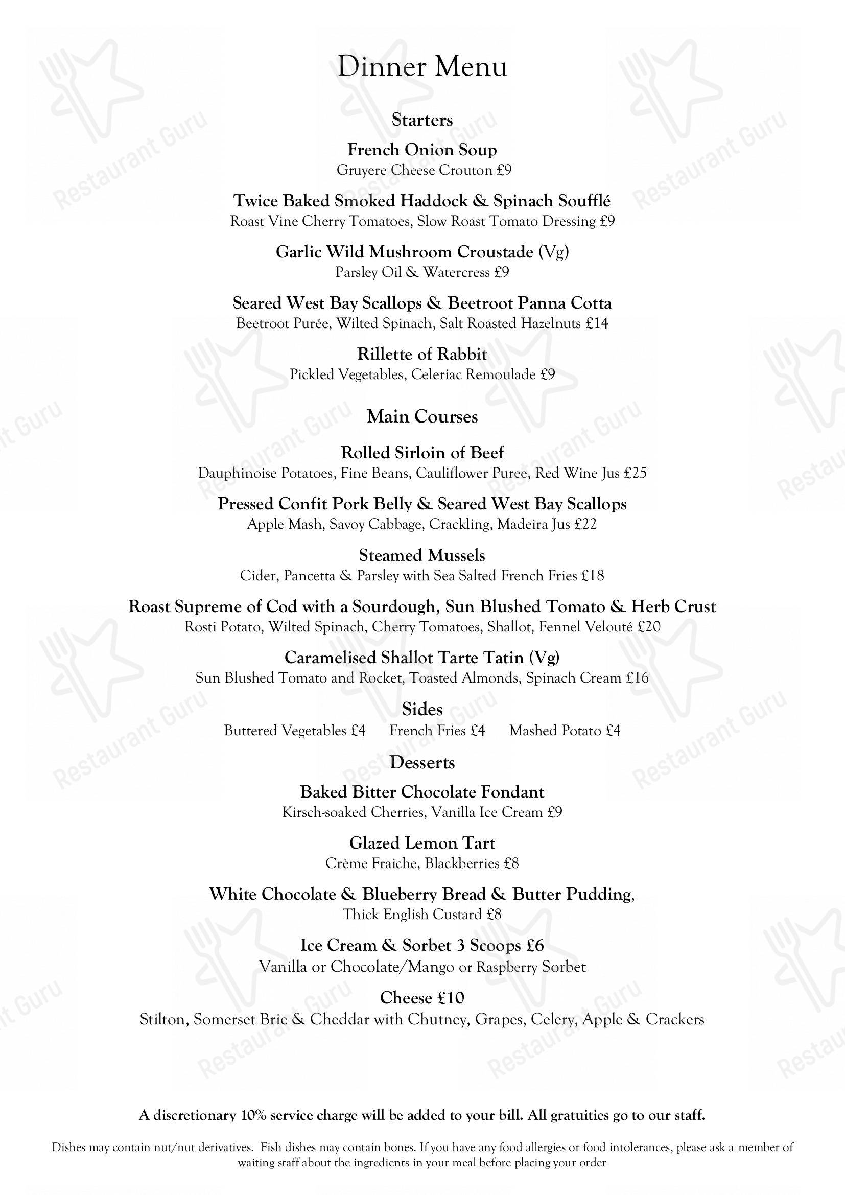 Menu at The Corner House Hotel restaurant, Taunton
