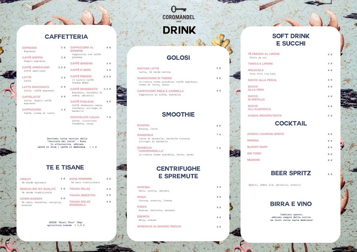 Menu at Coromandel restaurant, Rome