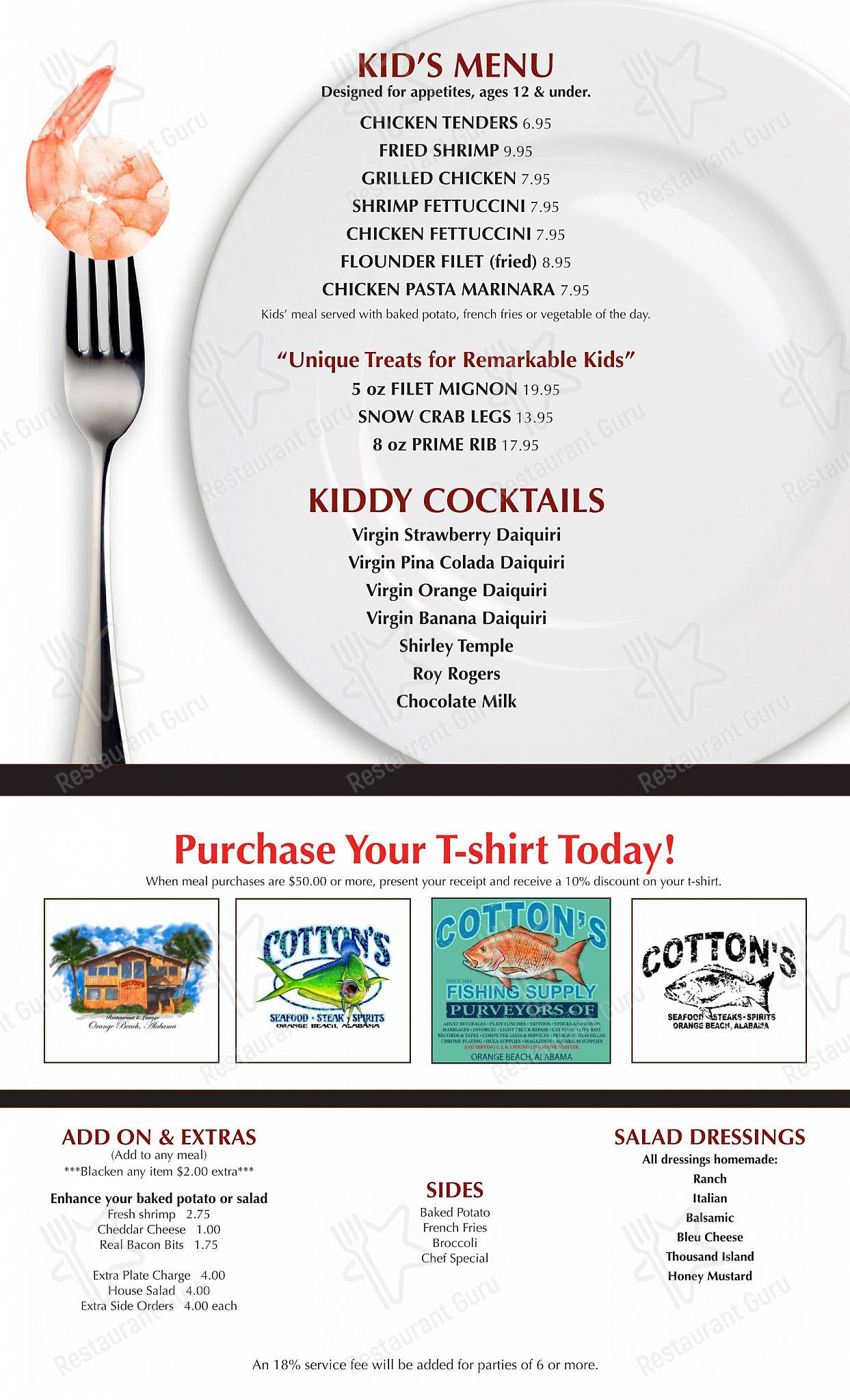Menu at Cotton's Restaurant, Orange Beach