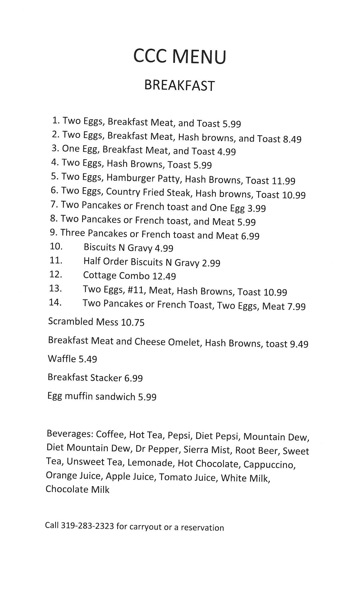 Menu at Country Cottage Cafe, Oelwein