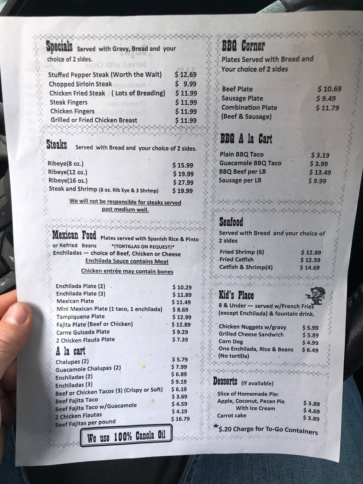 Menu at Country Store restaurant, Cotulla, 78 I-35