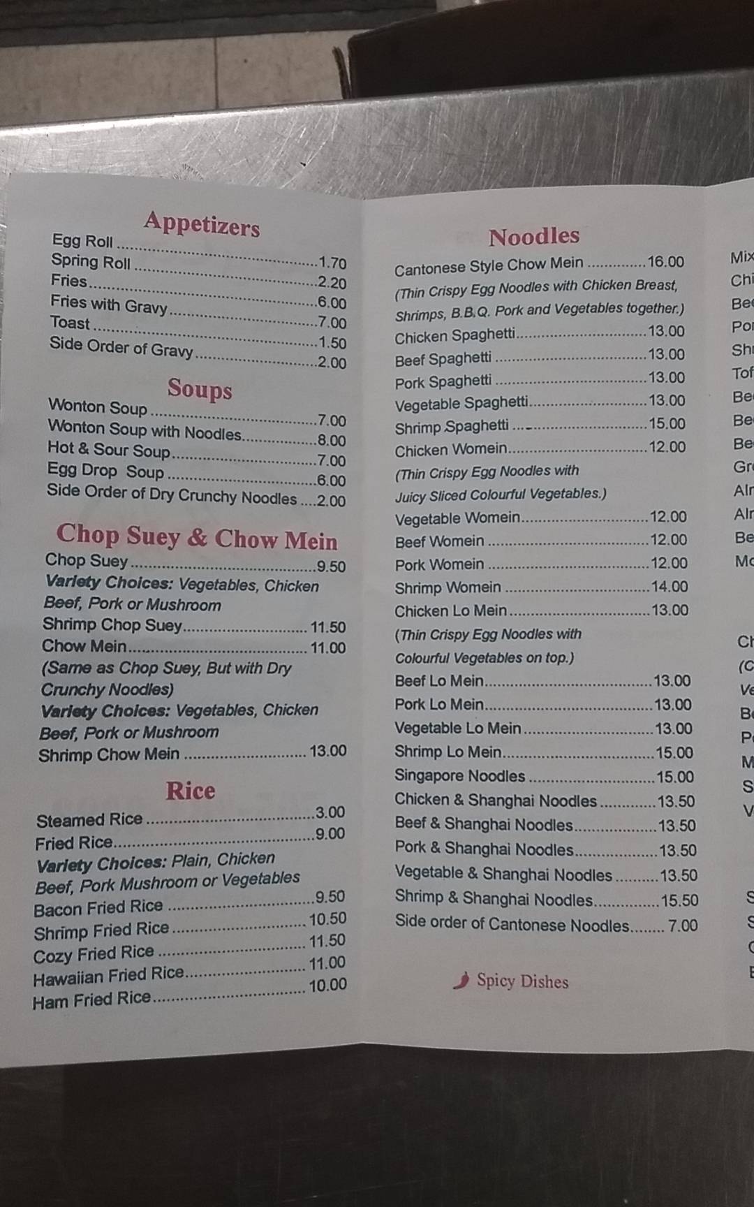 Menu at Cozy Corner Restaurant, Timmins
