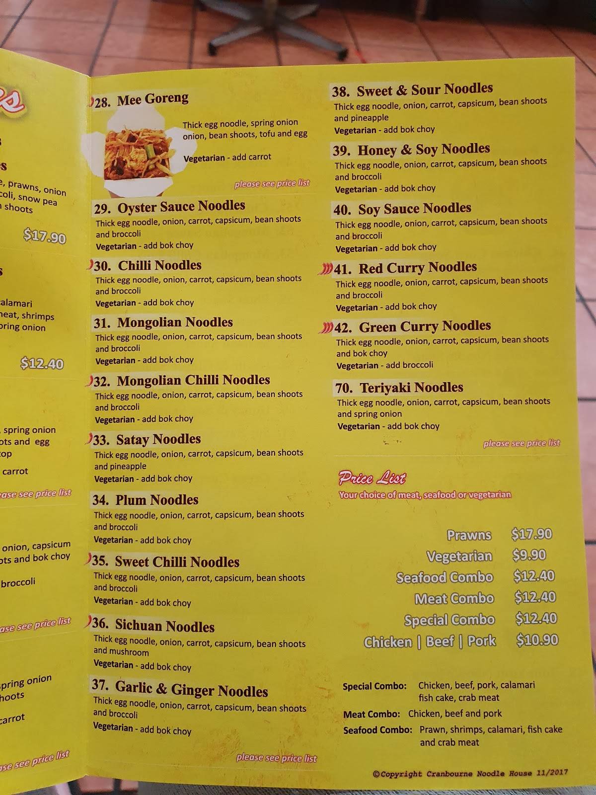 Menu at Cranbourne Noodle House restaurant, Cranbourne