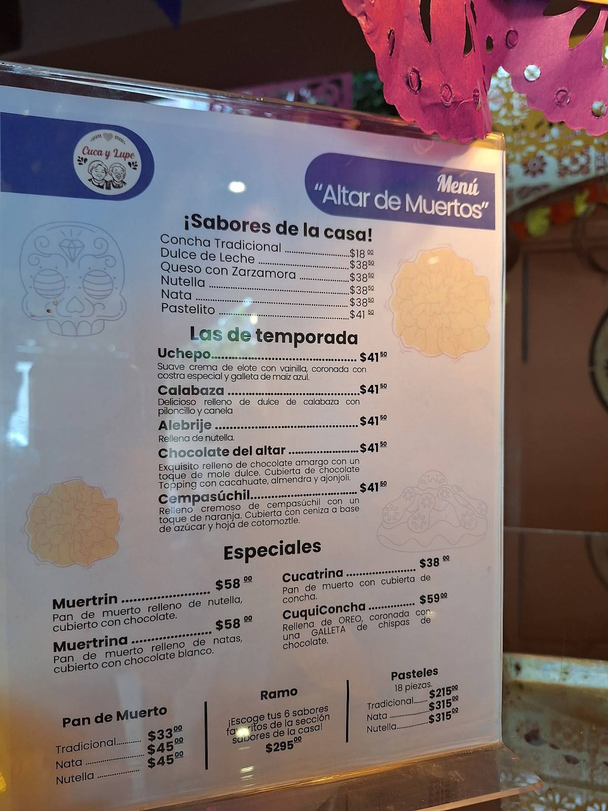 Carta del restaurante Cuca y Lupe, Guadalajara