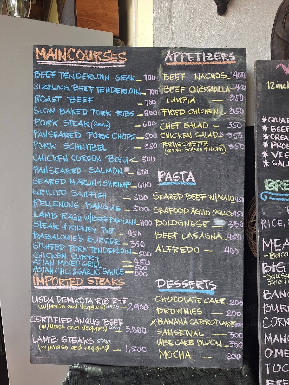 Menu at Cuesta Roccia restaurant, Cagayan de Oro