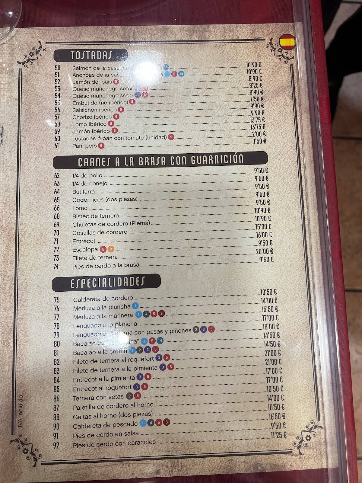Carta de Restaurant Cullar, Blanes