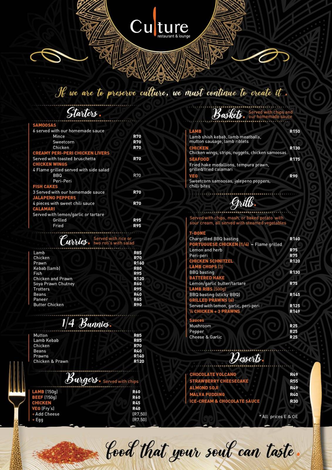 Menu at Culture Restaurant and Lounge, Umhlanga