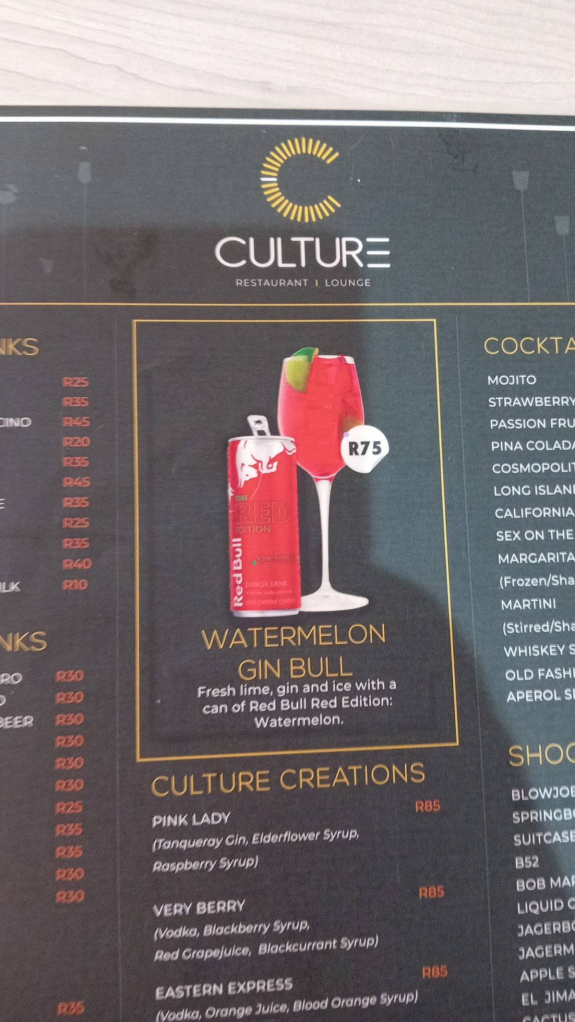 Menu at Culture Restaurant and Lounge, Umhlanga