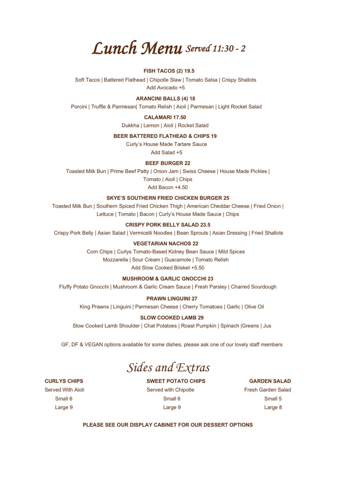 Menu at Curlys on the Boardwalk restaurant, Mount Coolum