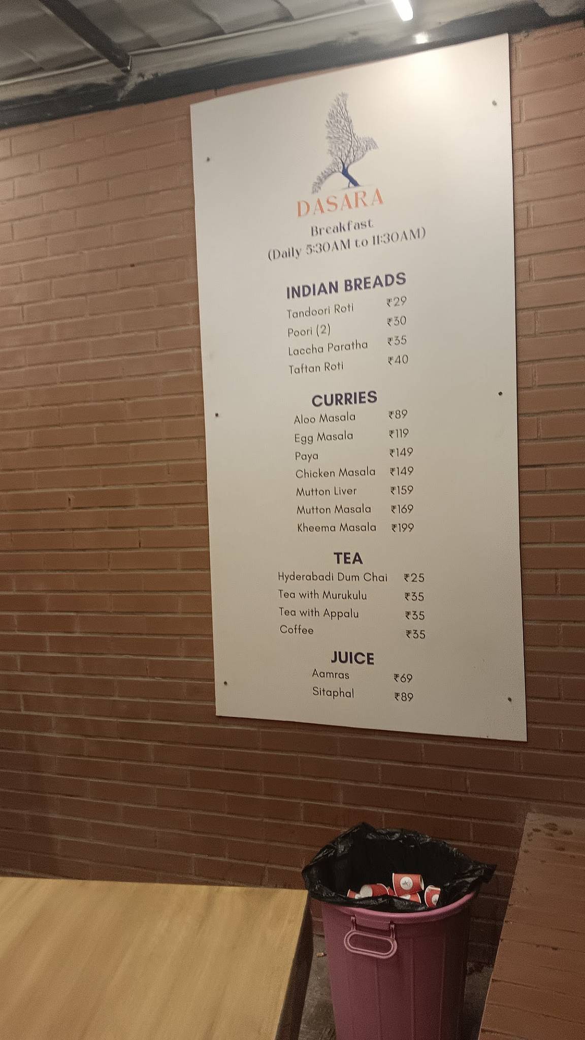 Menu at DASARA, Hyderabad