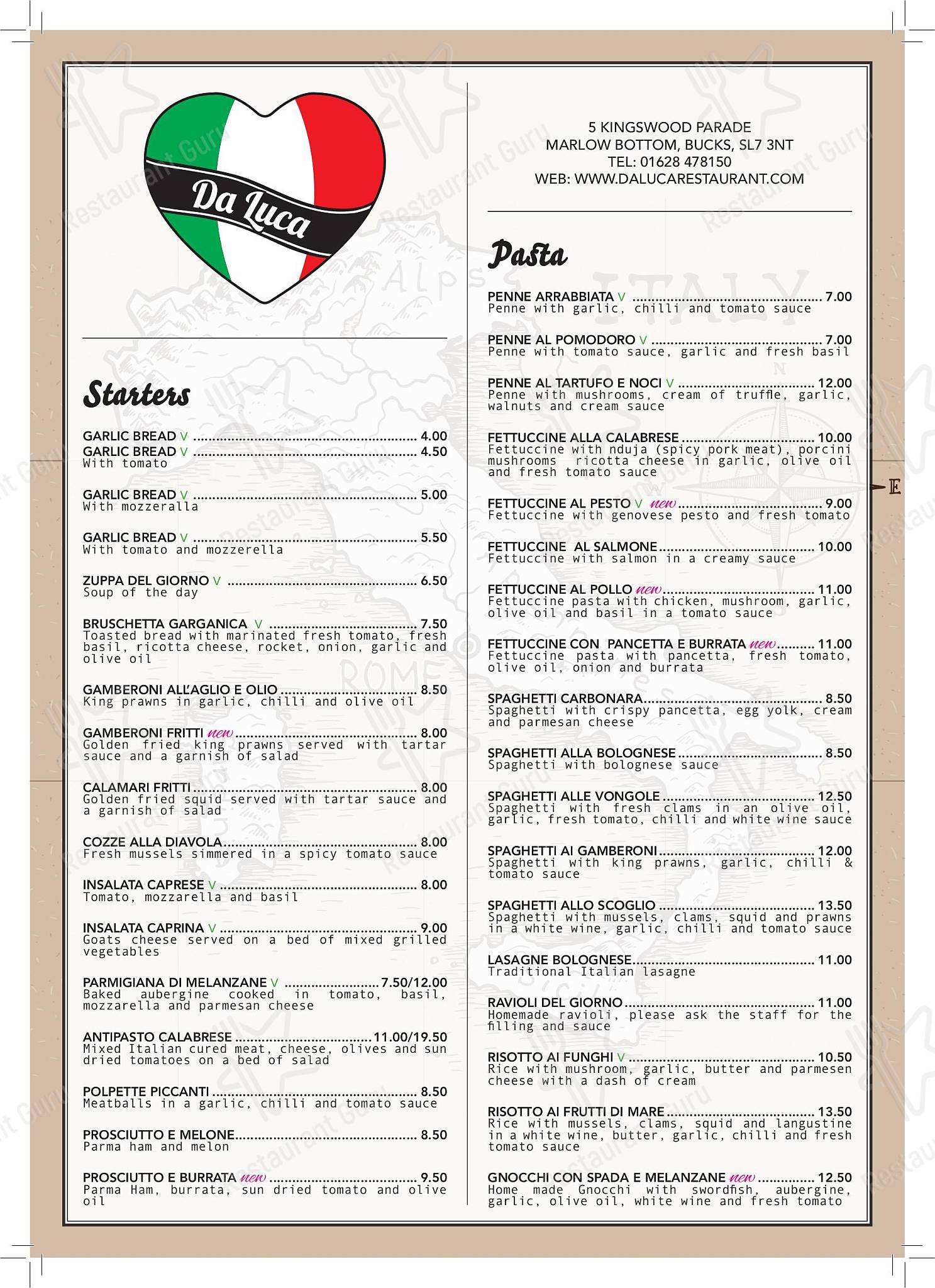 Menu at Da Luca Restaurant, Marlow