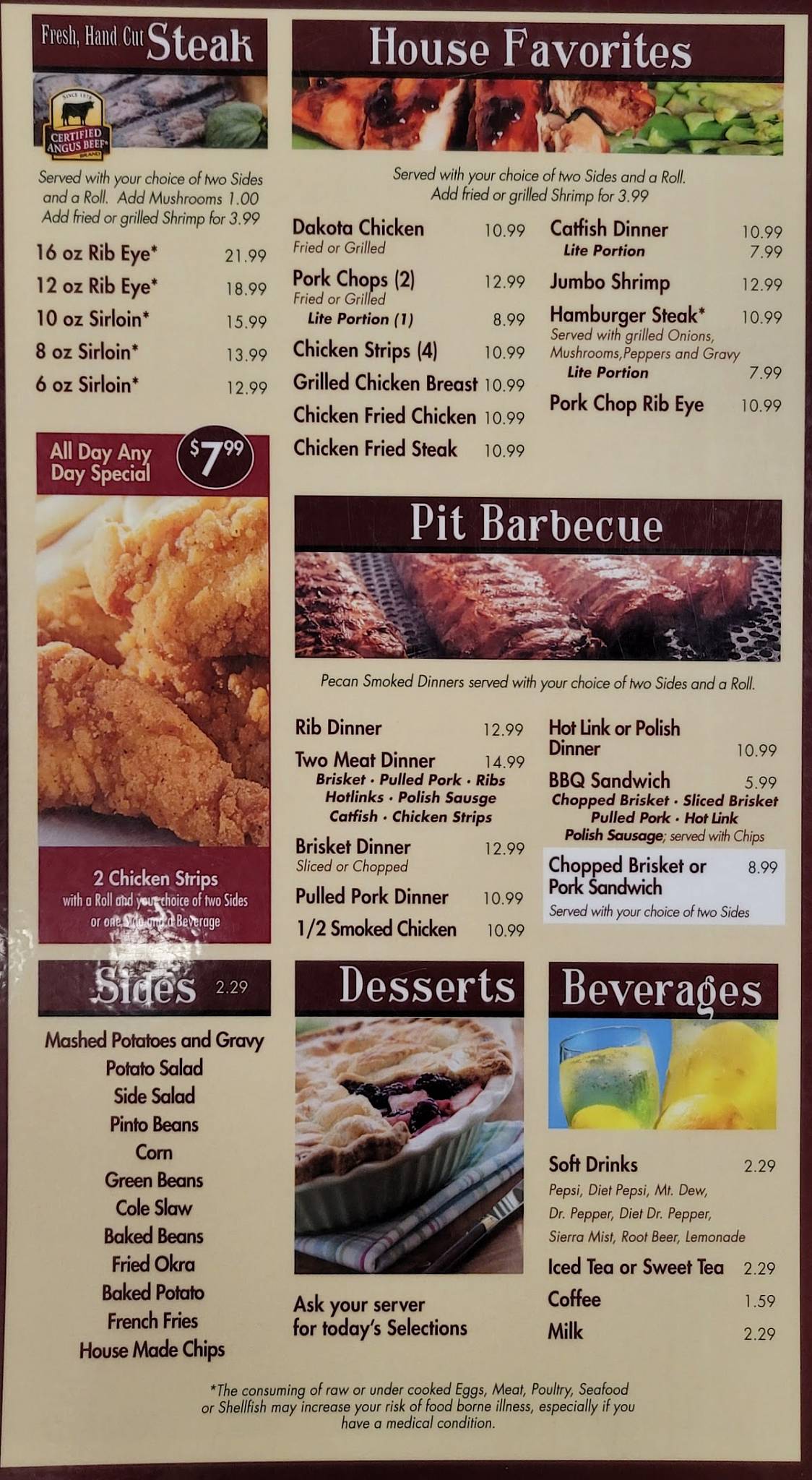 Menu at Dakota’s restaurant, Blanchard
