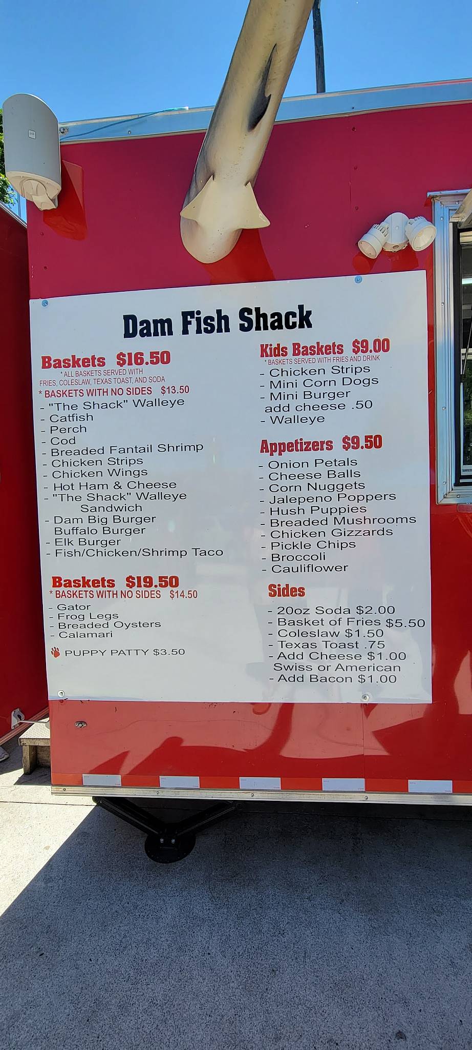 Menu at Dam Fish Shack restaurant, USA, Highway 121