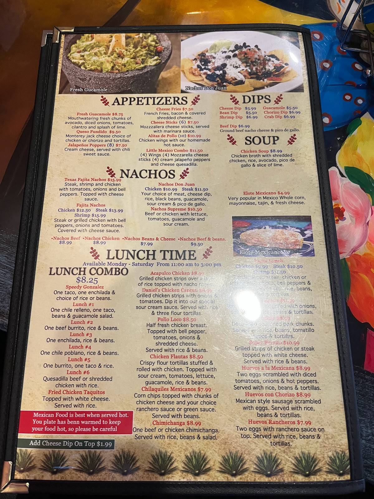Menu at Daniel's Little Mexico restaurant, Shepherdsville