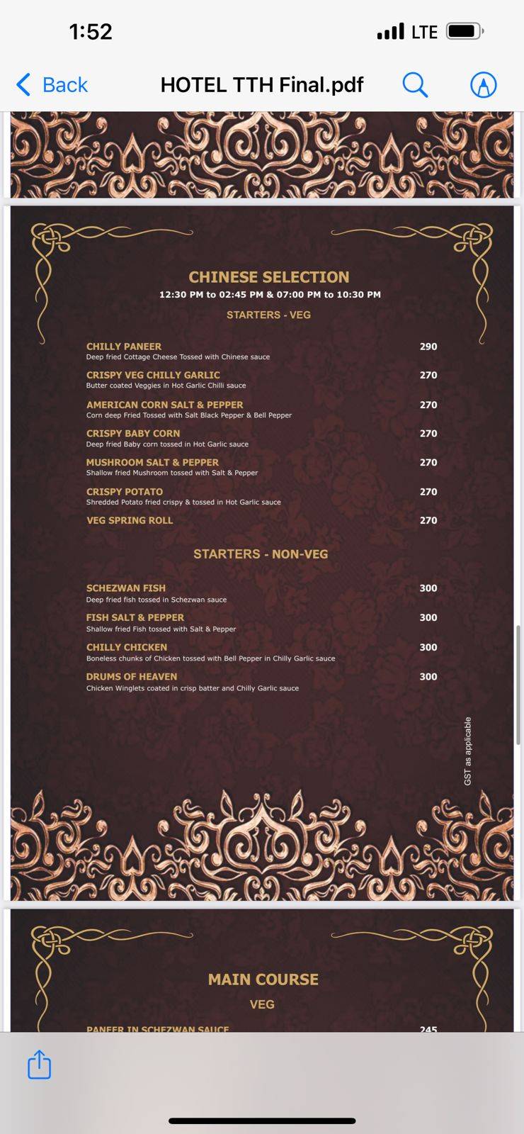 Menu at Dawat-e-Khas, Varanasi