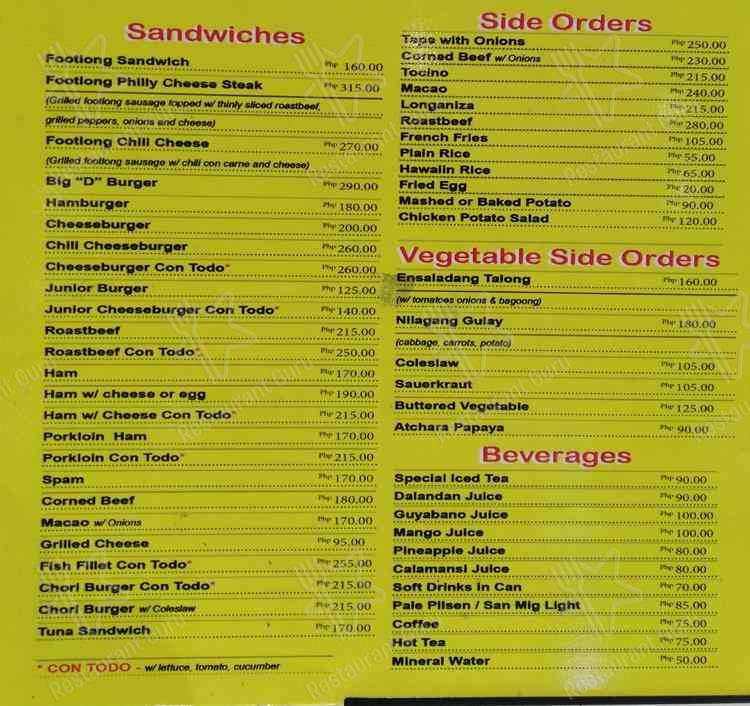 Menu at Dayrit's, Parañaque, First Level
