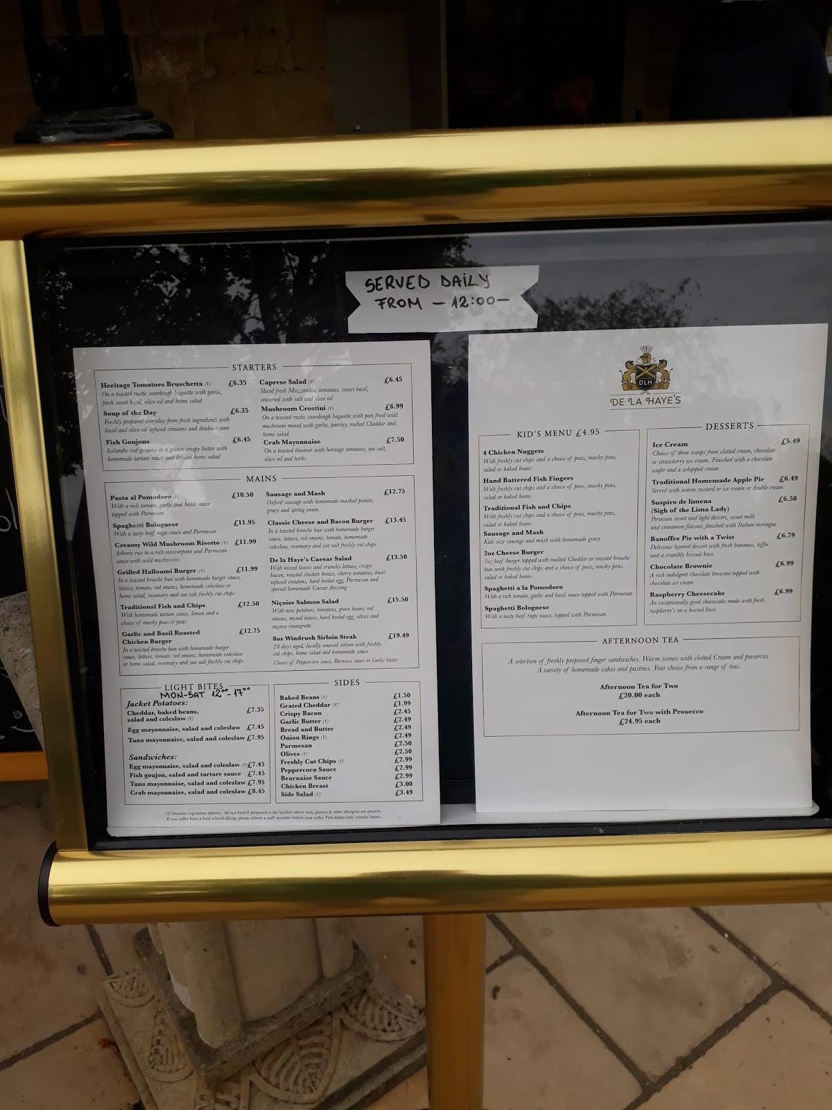 Menu at De la Haye’s Café Tea Room restaurant, Bourton-on-the-Water